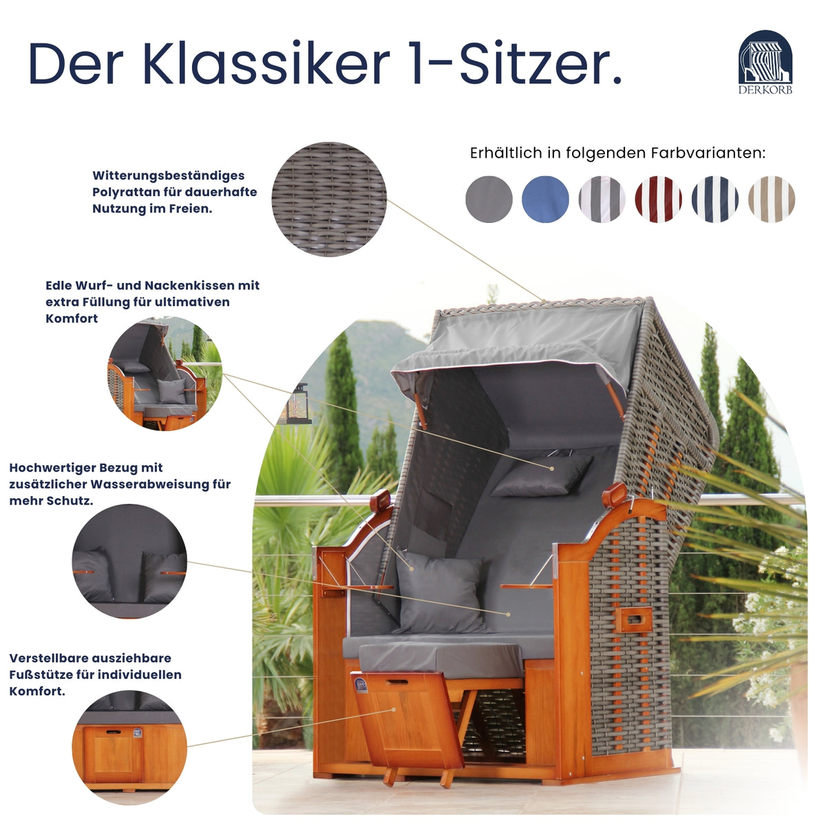 Der Klassiker Strandkorb 1-Sitzer: Kompakter Ostsee-Strandkorb – DERKORB